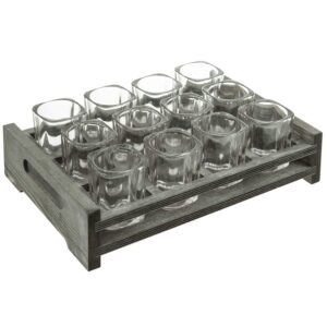 MyGift 12 Shot Glass Set Party Server with Vintage Gray Wood Tray, Shot Glasses for Tequila Whiskey Vodka Spirit Liquor