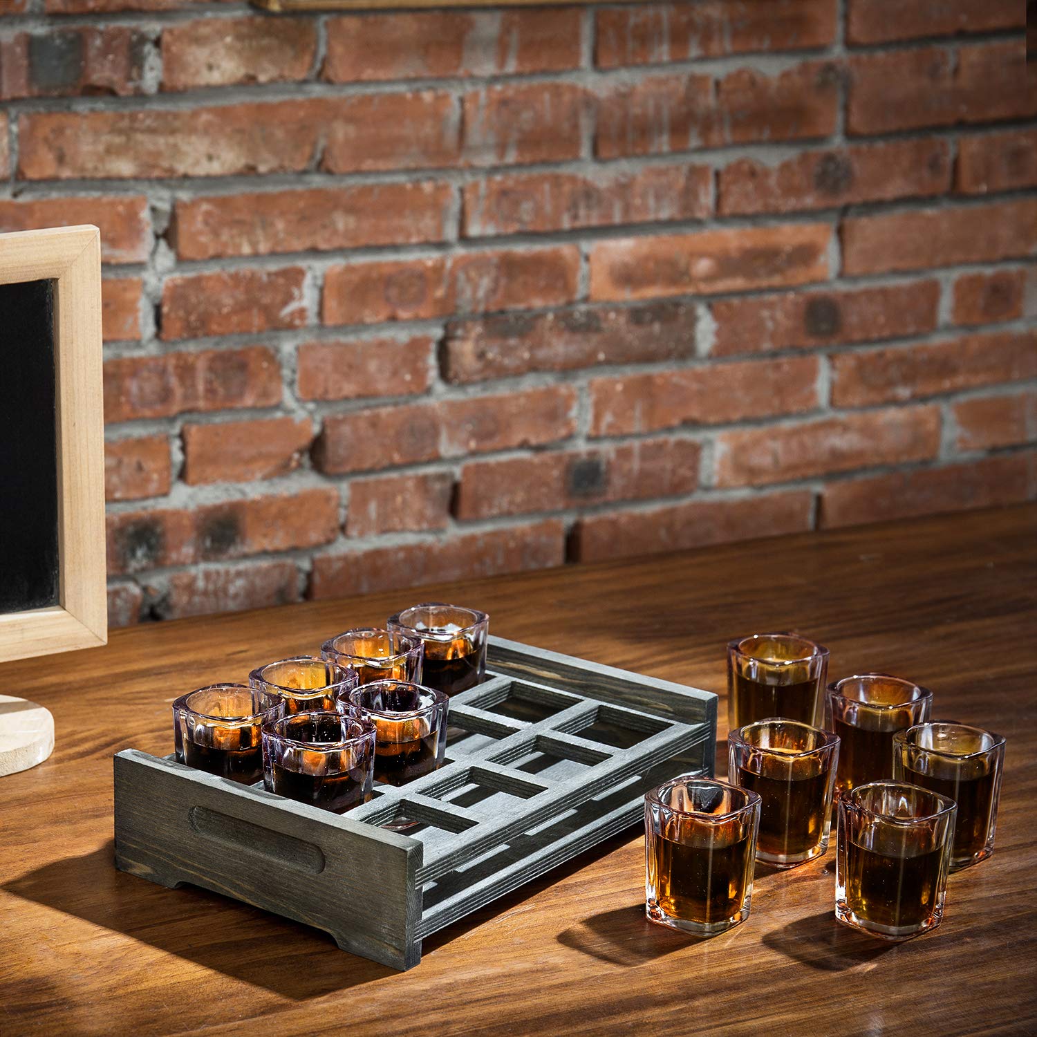 MyGift 12 Shot Glass Set Party Server with Vintage Gray Wood Tray, Shot Glasses for Tequila Whiskey Vodka Spirit Liquor