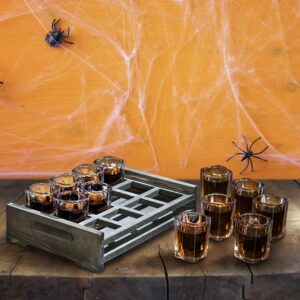 MyGift 12 Shot Glass Set Party Server with Vintage Gray Wood Tray, Shot Glasses for Tequila Whiskey Vodka Spirit Liquor