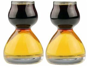 quaffer double bubble layered shot glass plus recipe card – chaser shot glass jigger for smooth tasty shots – fun unique split shot glasses barware (1.25oz top & 2.25oz bottom, set of 2)