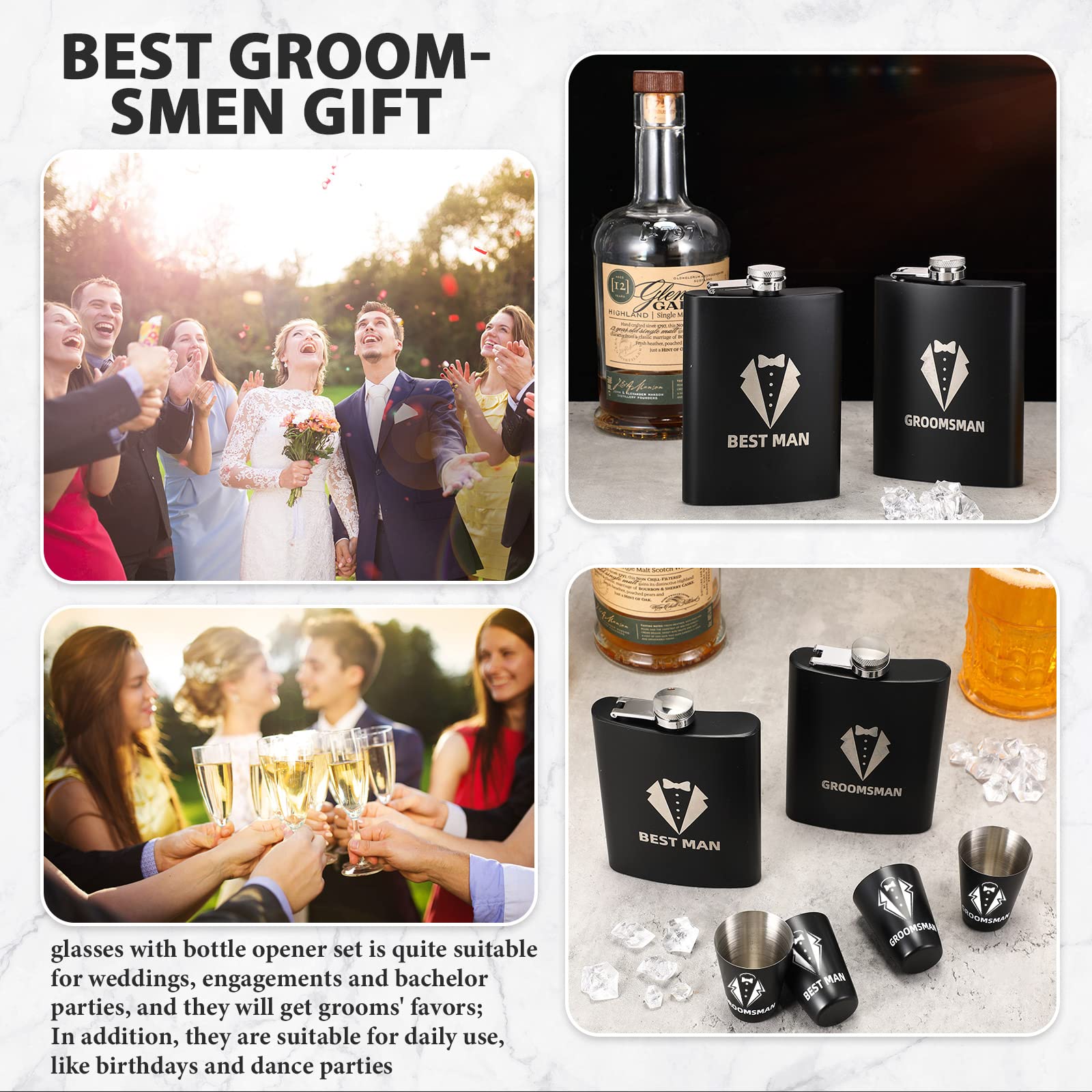 Set of 12 Groomsmen Gifts for Wedding Including 6 Pcs 8 oz Stainless Steel Groomsmen Flask Tuxedo Bachelor Party Favors for Men, 6 Pcs Proposal Groomsman Shot Glasses Groomsman Shot Glasses Cups