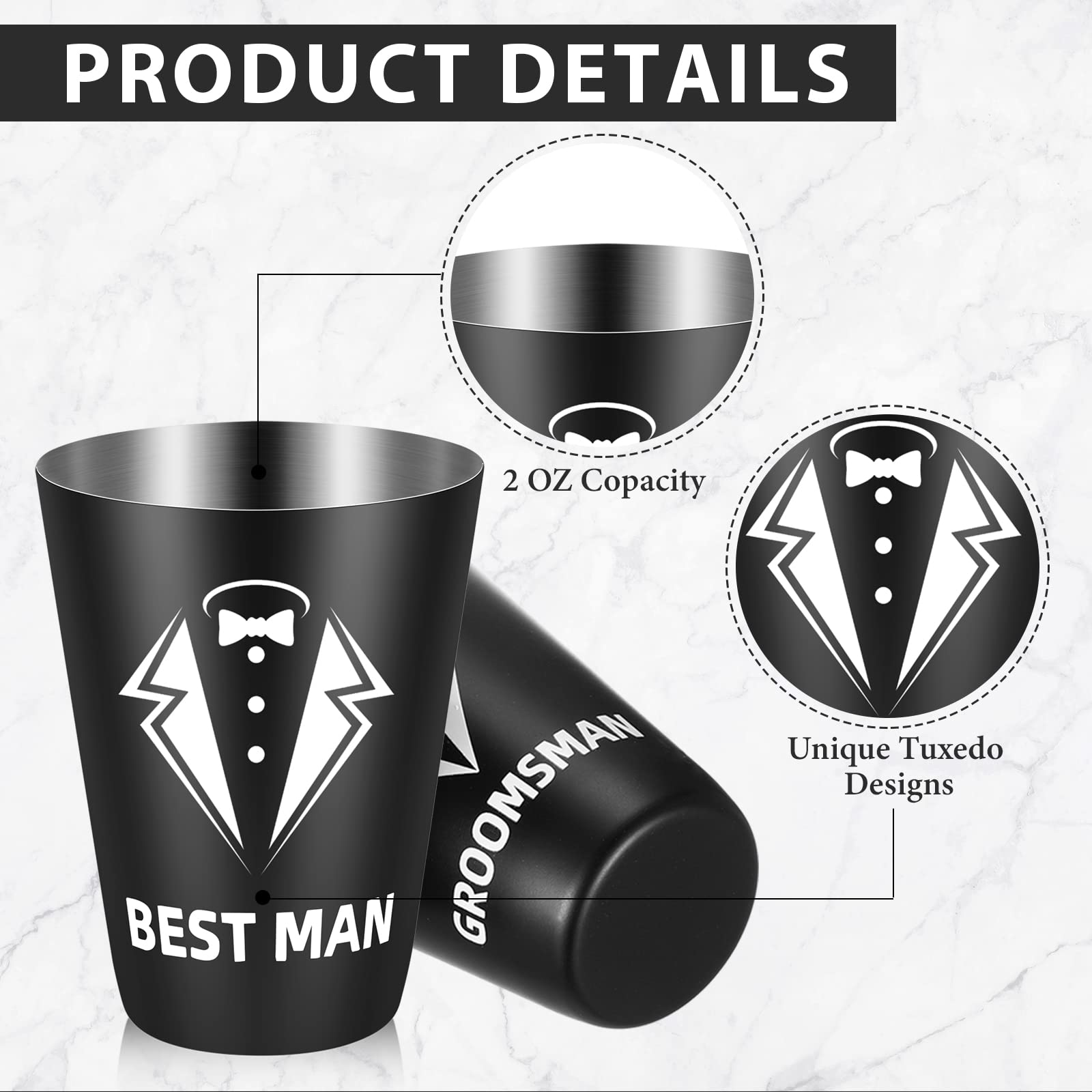 Set of 12 Groomsmen Gifts for Wedding Including 6 Pcs 8 oz Stainless Steel Groomsmen Flask Tuxedo Bachelor Party Favors for Men, 6 Pcs Proposal Groomsman Shot Glasses Groomsman Shot Glasses Cups