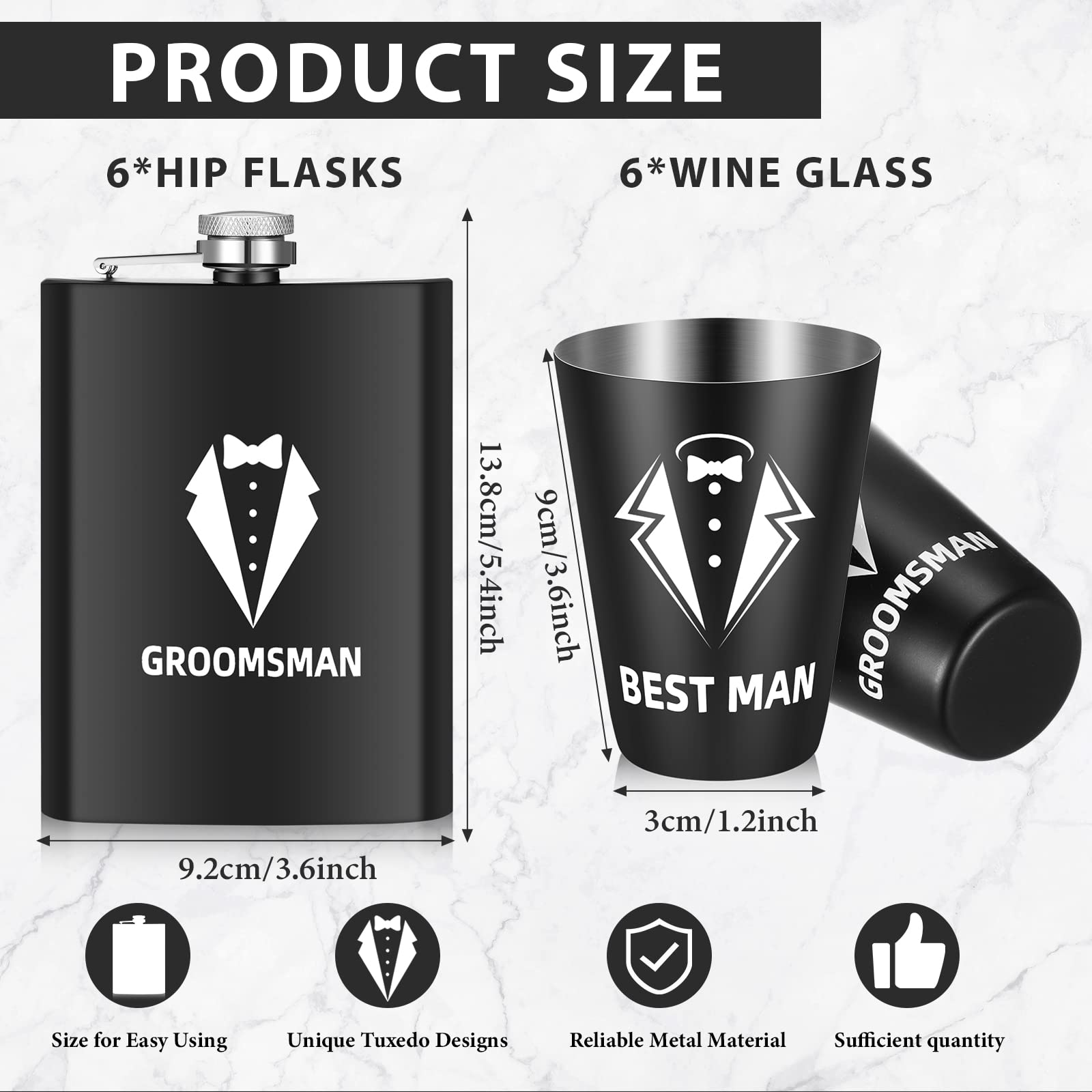 Set of 12 Groomsmen Gifts for Wedding Including 6 Pcs 8 oz Stainless Steel Groomsmen Flask Tuxedo Bachelor Party Favors for Men, 6 Pcs Proposal Groomsman Shot Glasses Groomsman Shot Glasses Cups