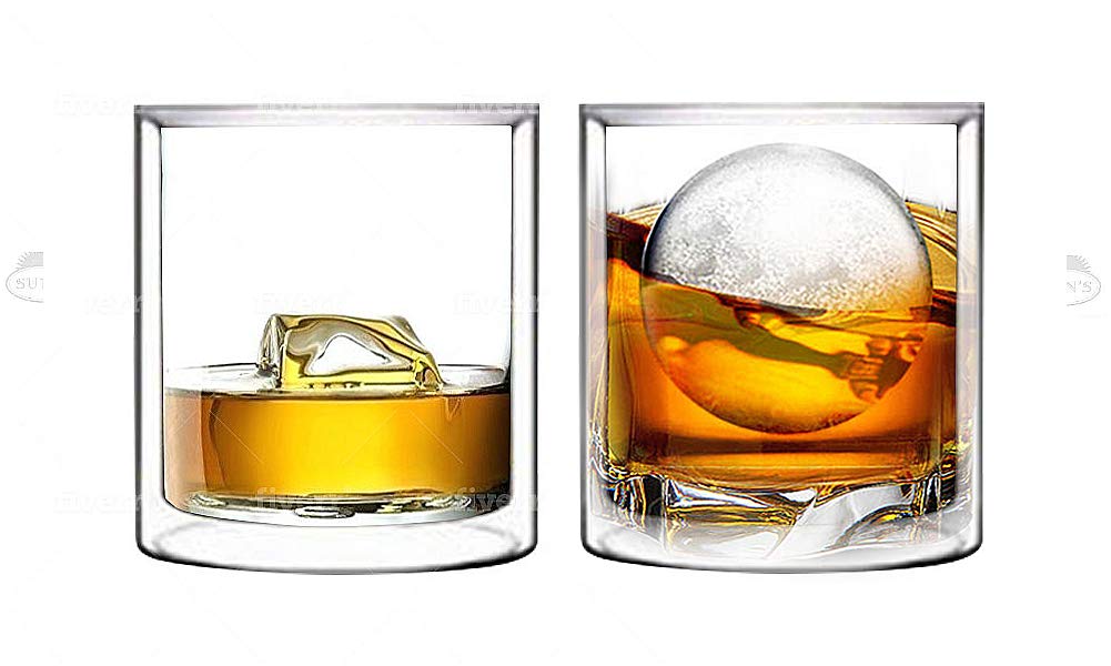 Sun's Tea Double Wall Whiskey/Scotch Rocks Glass Set 5.5oz | Old Fashioned Drinking & Cocktail Glasses | Clear Insulated Tumbler - Set of 2