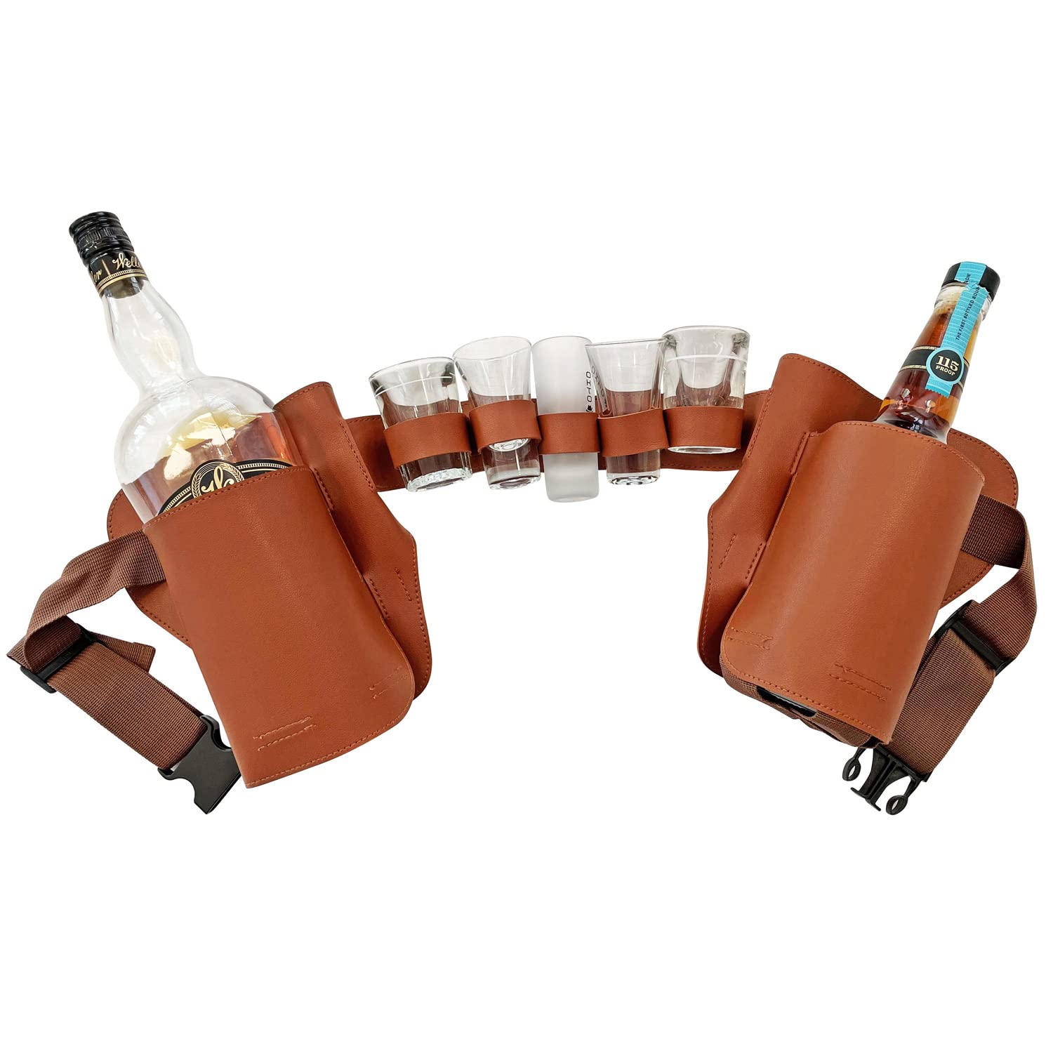 Liquor Holster - Liquor Belt - Shot Holder - Version 2.0 Holds 5 Shot Glasses And 2 Bottles (Brown)