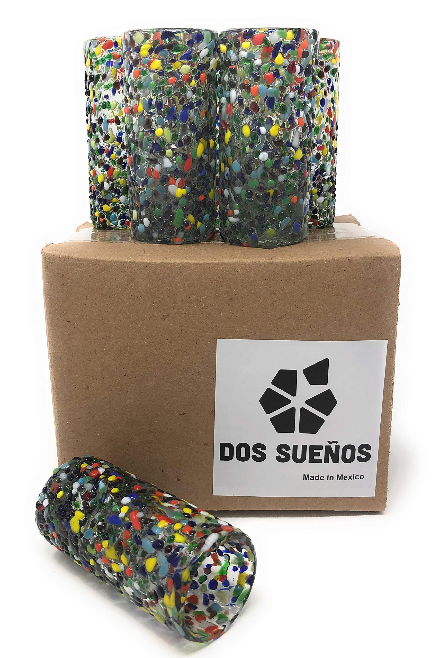 Dos Sueños Hand Blown Mexican Tequila Glasses – Set of 6 Confetti Design Tequila Shot Glasses (2 oz each)