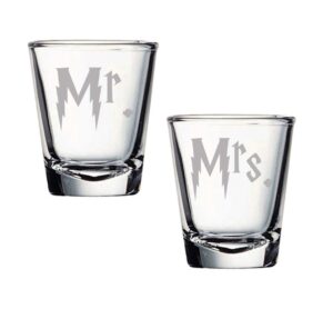 harry mr. and mrs. etched shot glass set of two (by brindle s. designs) potterhead wedding gift