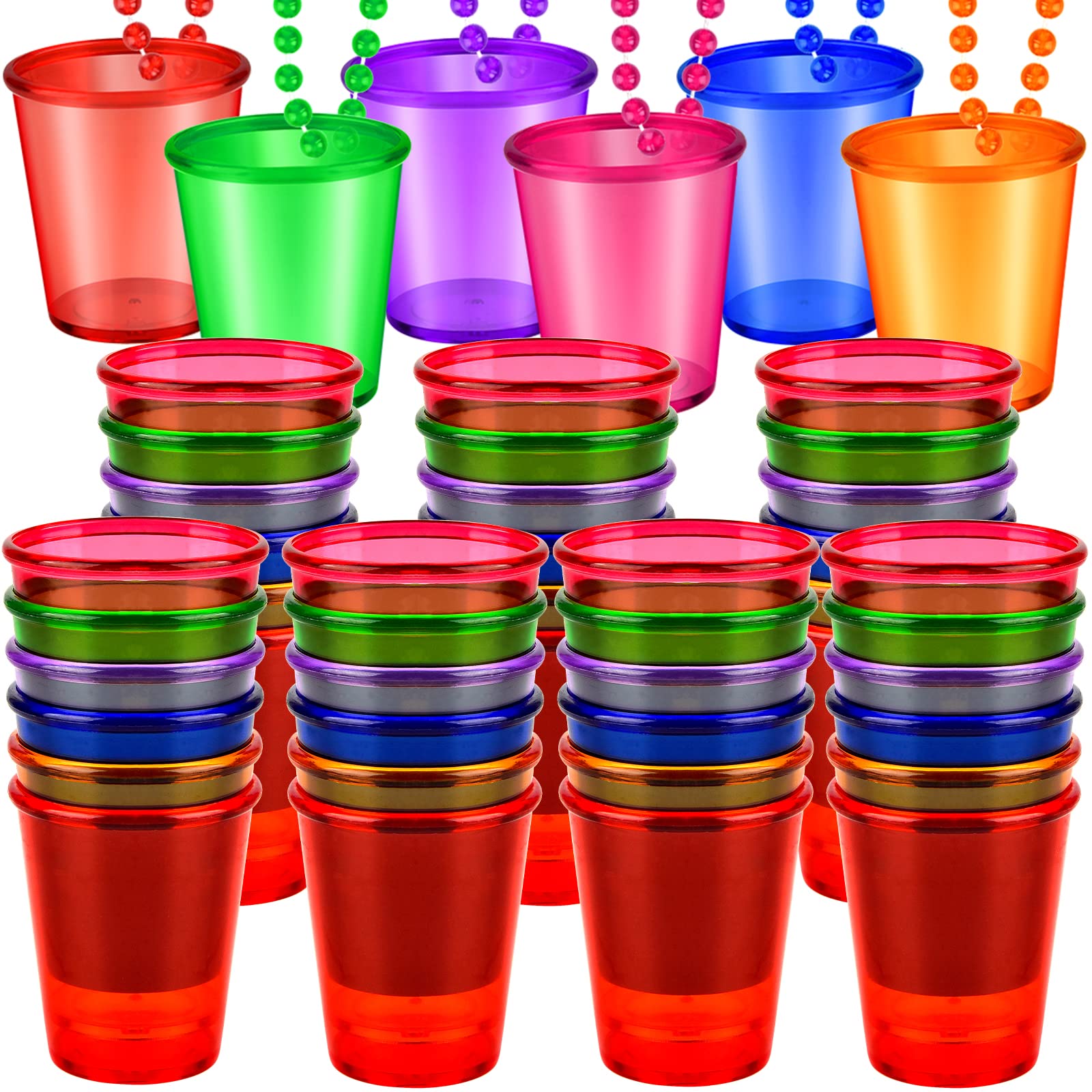 48 Pieces Shot Glass on Beaded Necklace Shot Glass Necklaces Plastic Shot Cup Necklace for Team Groom and Bride Supplies Bachelorette Party Birthday Wedding Party Festival Parade (6 Colors)