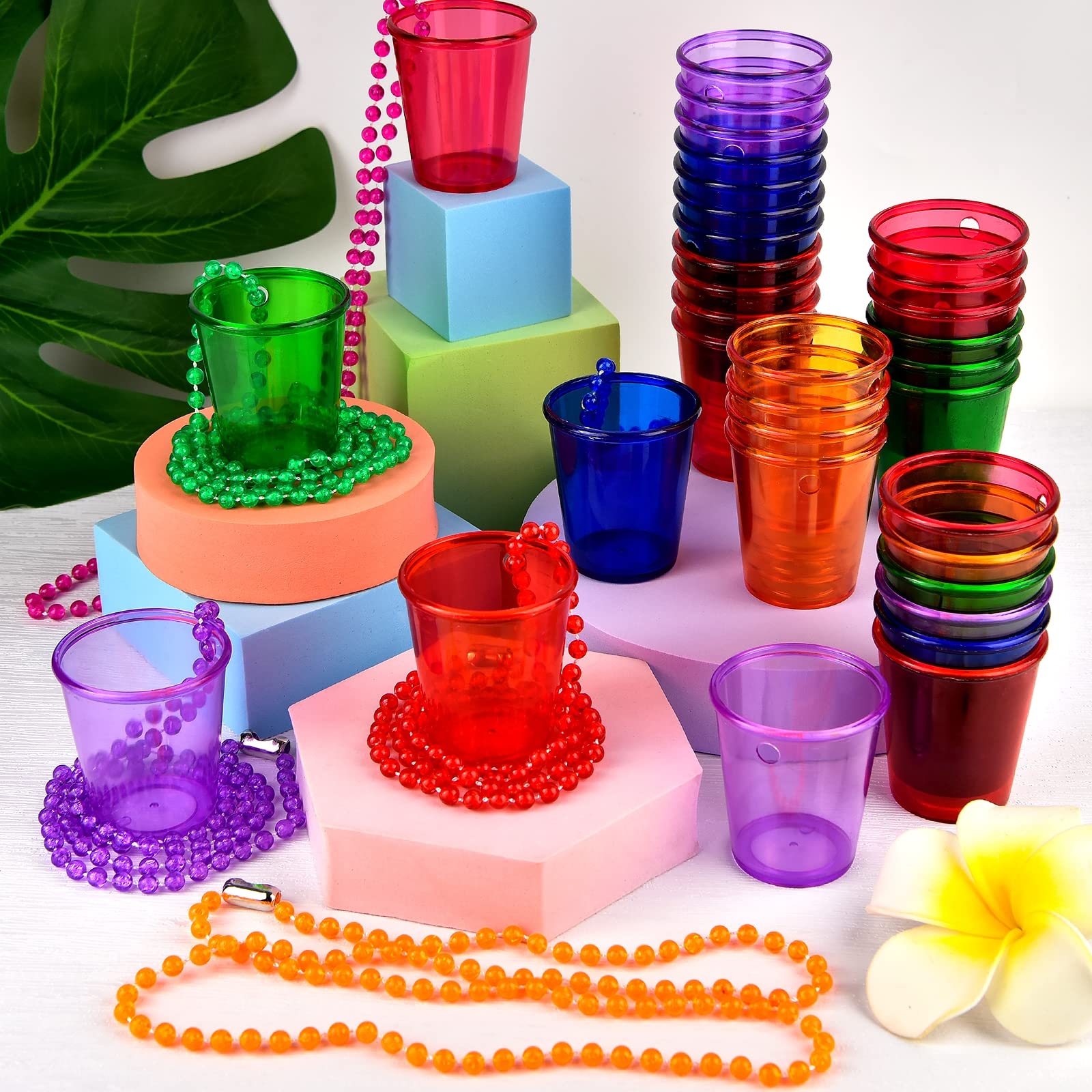 48 Pieces Shot Glass on Beaded Necklace Shot Glass Necklaces Plastic Shot Cup Necklace for Team Groom and Bride Supplies Bachelorette Party Birthday Wedding Party Festival Parade (6 Colors)