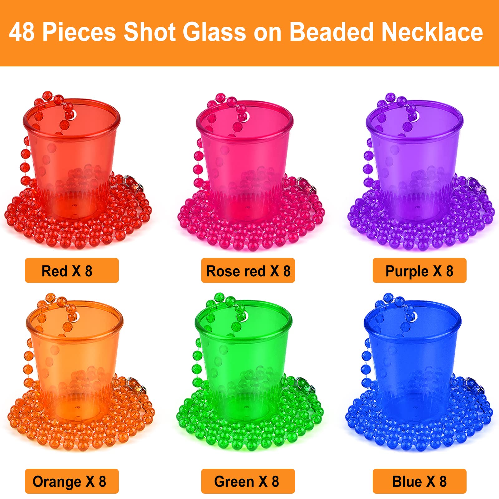 48 Pieces Shot Glass on Beaded Necklace Shot Glass Necklaces Plastic Shot Cup Necklace for Team Groom and Bride Supplies Bachelorette Party Birthday Wedding Party Festival Parade (6 Colors)