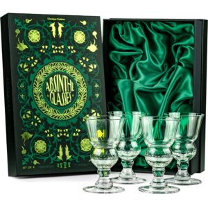 vintage crystal absinthe, sambuca, raki, pastis, ouzo glasses | set of 4 | short stemmed 6.5 oz goblets with bubble reservoir for drinking green fairy | handblown small wine bistro glassware