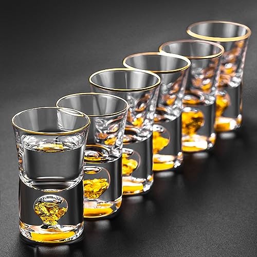 Shot Glasses 0.5oz 6pcs Crystal Shot Glass Set with 24K Gold Leaf Flakes and Golden Rim, Cool Tequila Sshot Glasses for Liquor, Bourbon, Vodka and Whisky, Unique Décor, Collection & Gift (0.5oz)