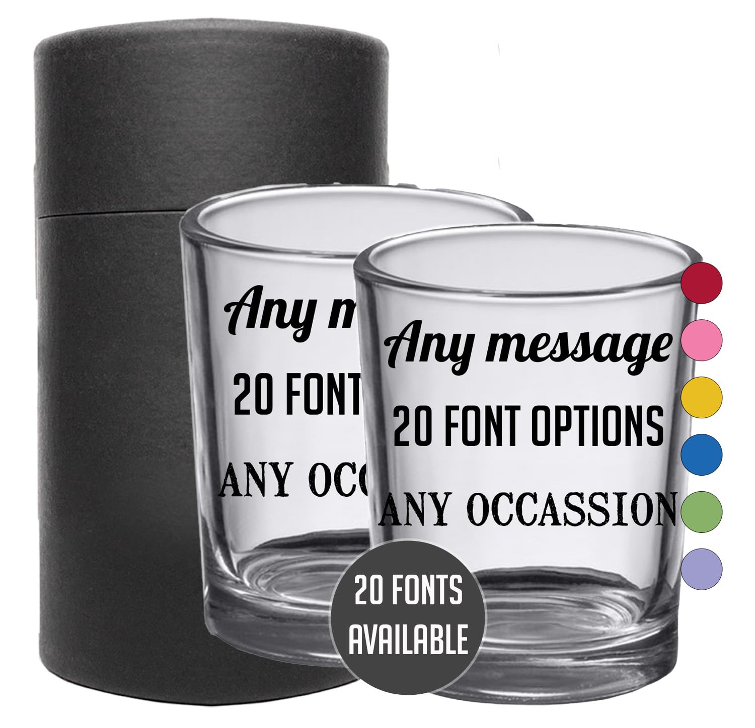 Personalized Printed 2.5oz Shot Glasses 2pk – Customized Gift for Women Men, Custom Message Name, Birthday Gift Ideas Friend Her Him, 21st Party Favors, Cute Funny Unique, 16 Colors, Your Text Here