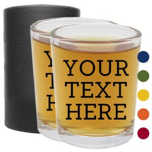 Personalized Printed 2.5oz Shot Glasses 2pk – Customized Gift for Women Men, Custom Message Name, Birthday Gift Ideas Friend Her Him, 21st Party Favors, Cute Funny Unique, 16 Colors, Your Text Here