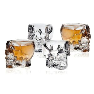 urmagic 4 pcs skull shot glasses, 2.5 oz crystal skeleton cup halloween drinkware supplies,skull shaped clear glass cup,skull face whiskey glasses,halloween party bar cup for men(4 skull glasses)