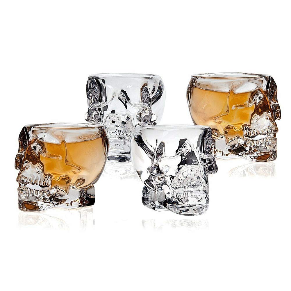 URMAGIC 4 Pcs Skull Shot Glasses, 2.5 Oz Crystal Skeleton Cup Halloween Drinkware Supplies,Skull Shaped Clear Glass Cup,Skull Face Whiskey Glasses,Halloween Party Bar Cup For Men(4 Skull Glasses)