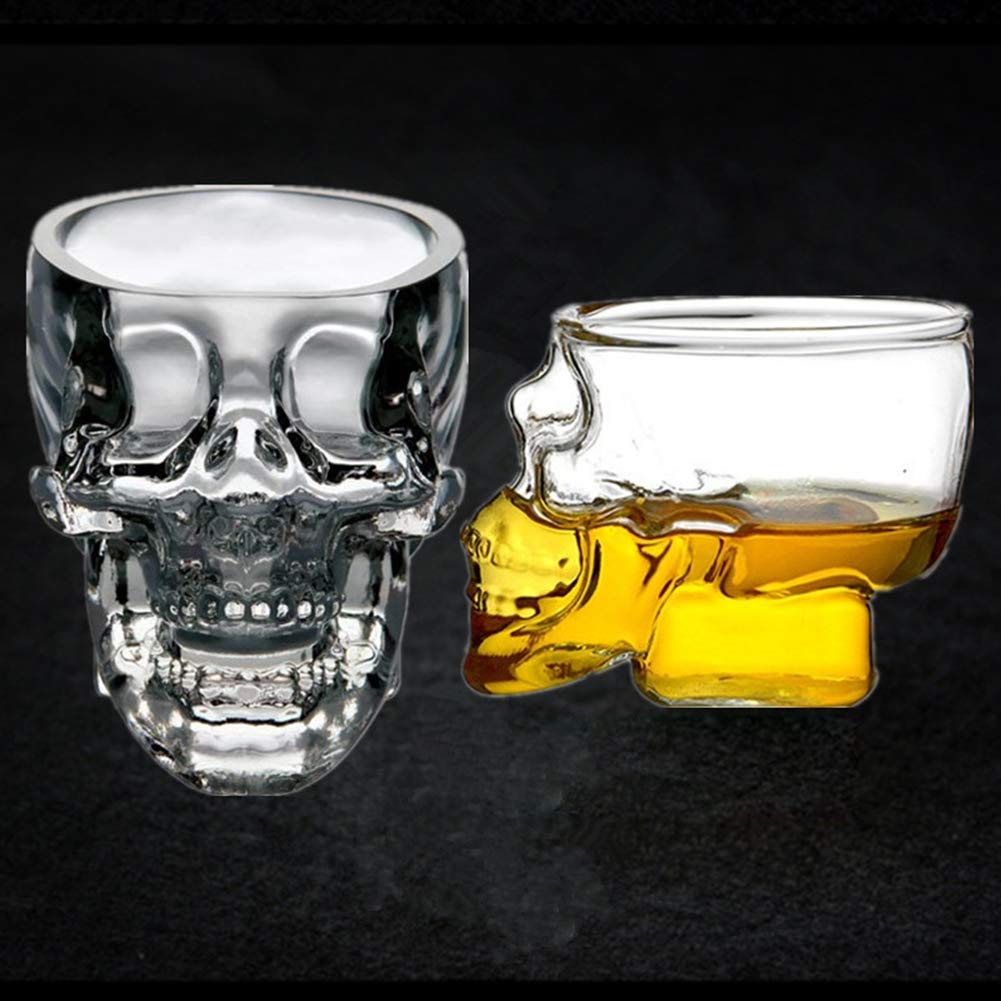 URMAGIC 4 Pcs Skull Shot Glasses, 2.5 Oz Crystal Skeleton Cup Halloween Drinkware Supplies,Skull Shaped Clear Glass Cup,Skull Face Whiskey Glasses,Halloween Party Bar Cup For Men(4 Skull Glasses)