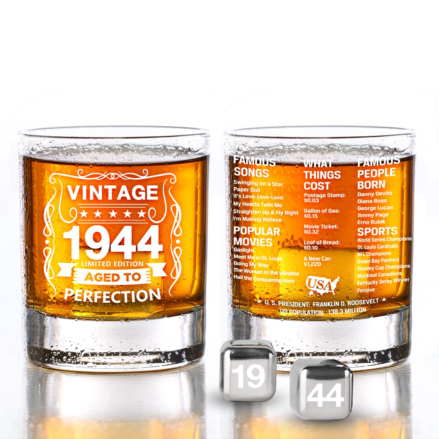 Old Fashioned Glasses-1944-Vintage 1944 Old Time Information 10.25oz Whiskey Rocks Glass -80th Birthday Aged to Perfection - 80 Years Old Gifts Bourbon Scotch Lowball Old Fashioned-1PCS