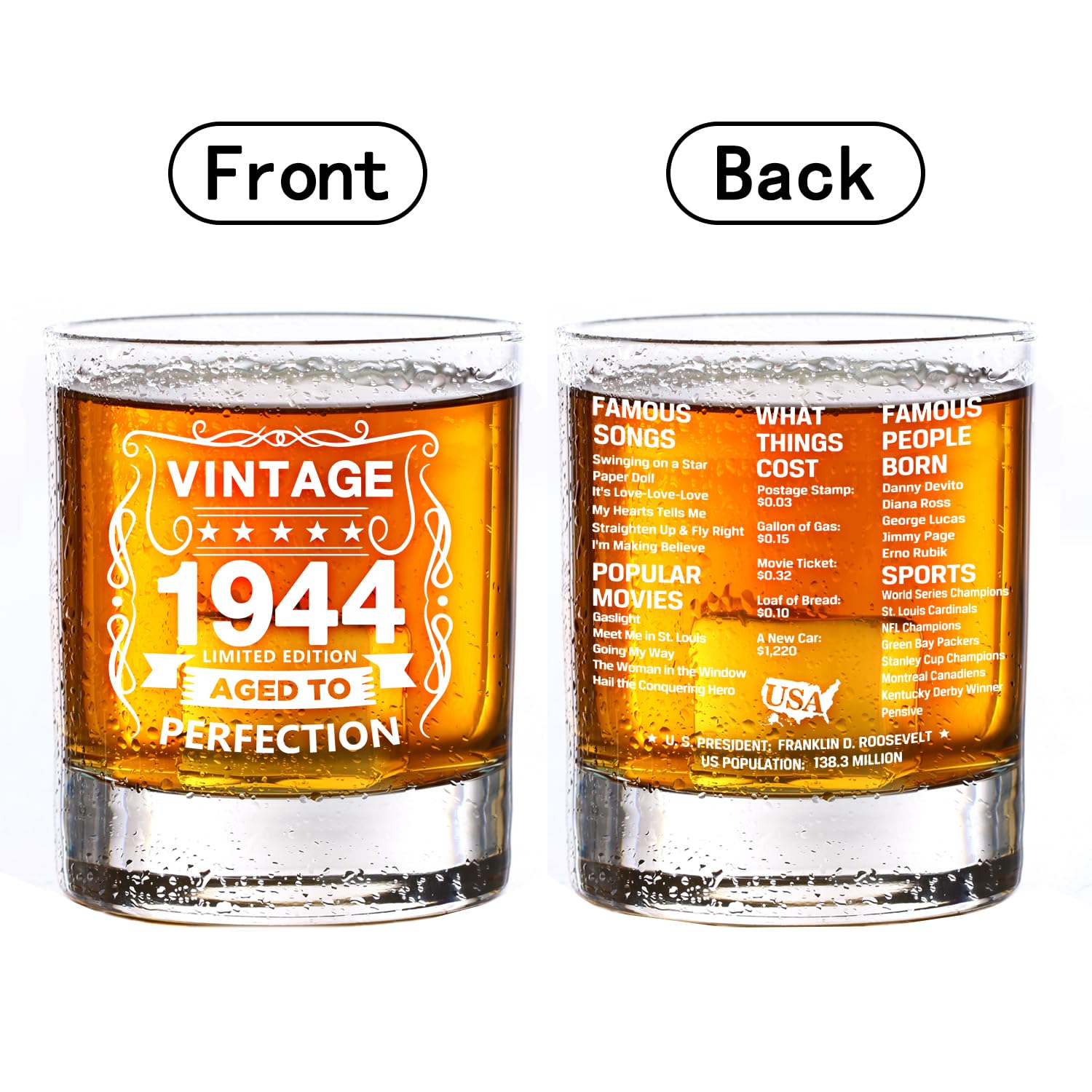 Old Fashioned Glasses-1944-Vintage 1944 Old Time Information 10.25oz Whiskey Rocks Glass -80th Birthday Aged to Perfection - 80 Years Old Gifts Bourbon Scotch Lowball Old Fashioned-1PCS