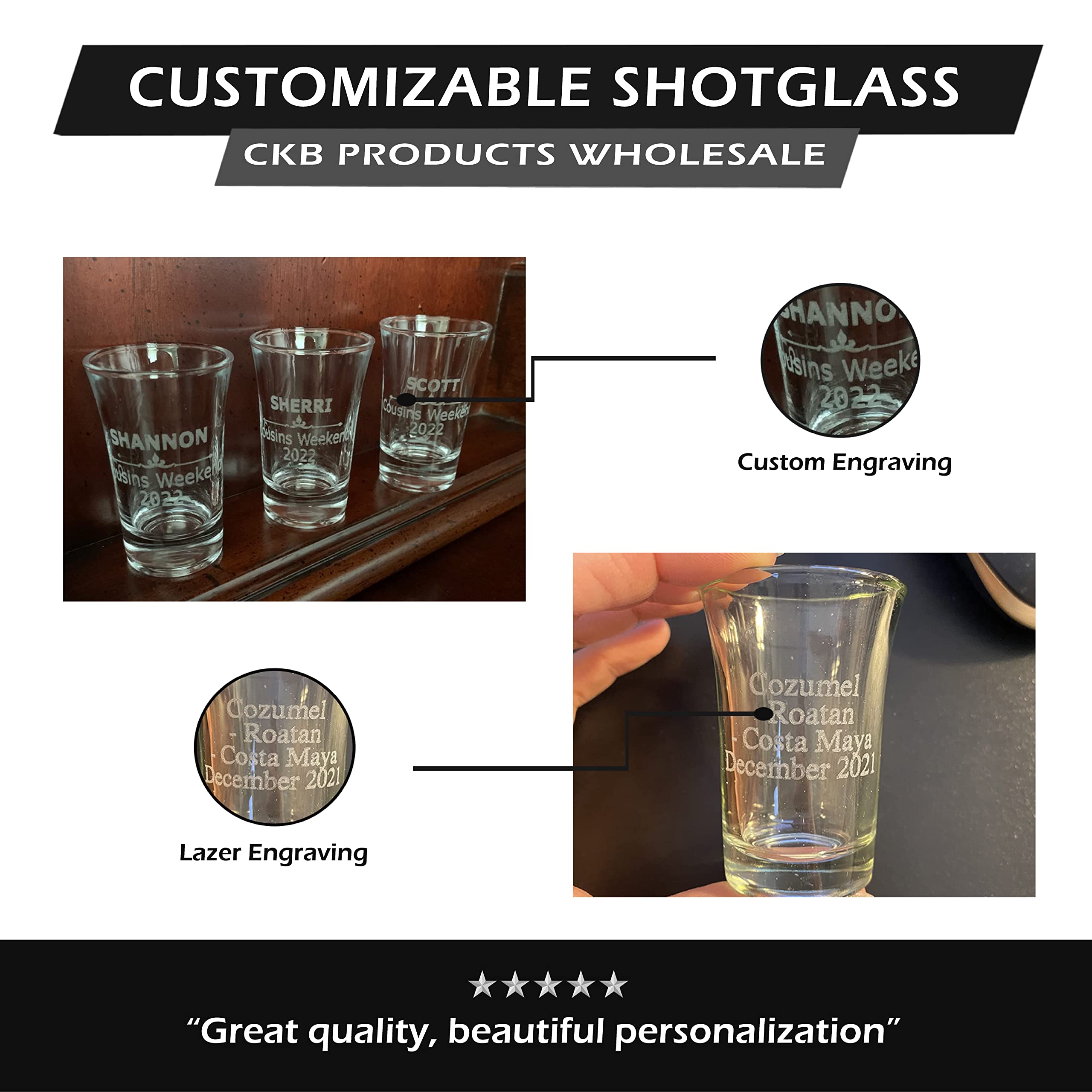 CKB Products Personalized Laser-Etched Engraving Shot Glasses - Set of 6-1.5 oz. - Your Choice of 12 Fonts - Wedding - Birthday - Anniversary - Graduation