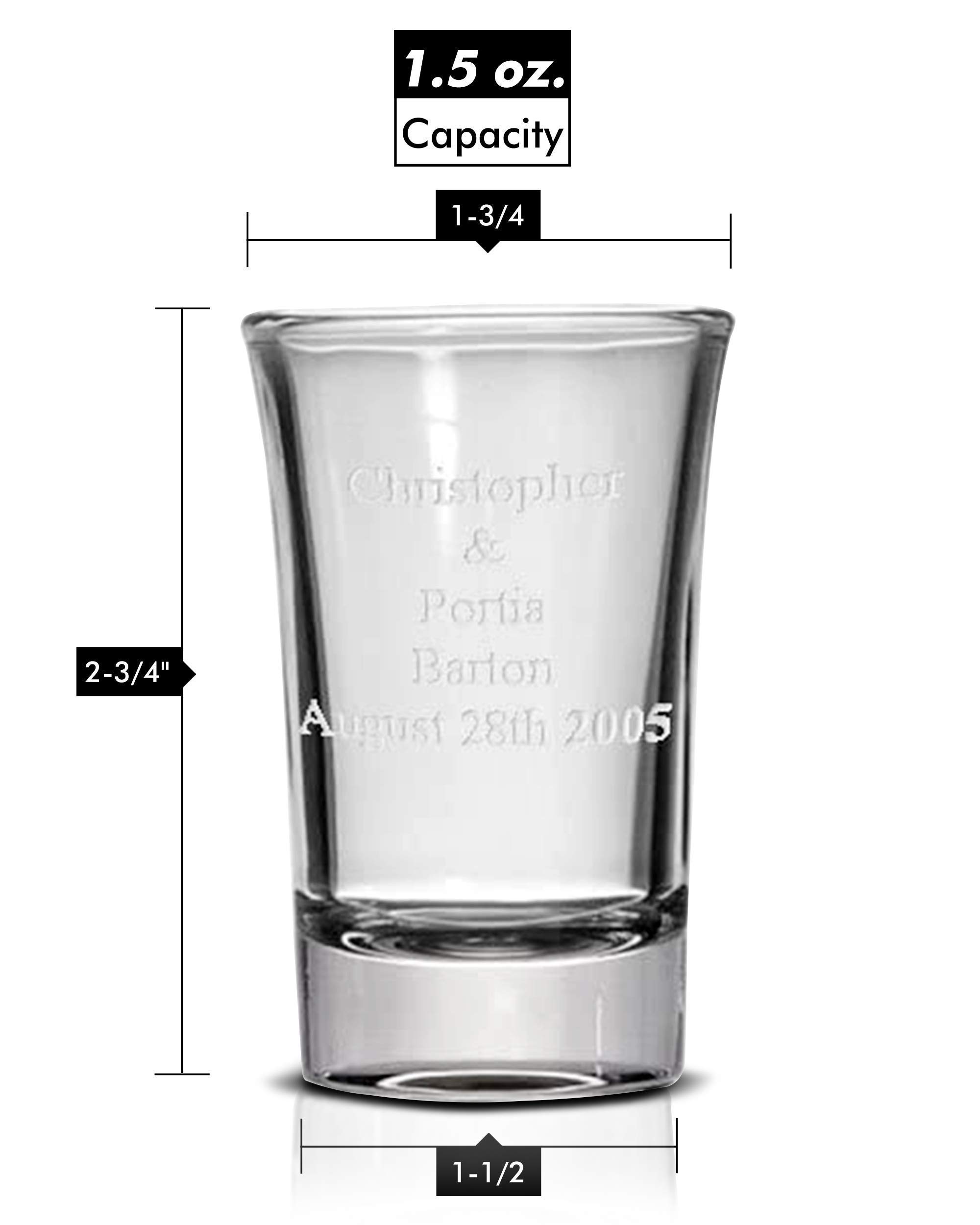 CKB Products Personalized Laser-Etched Engraving Shot Glasses - Set of 6-1.5 oz. - Your Choice of 12 Fonts - Wedding - Birthday - Anniversary - Graduation