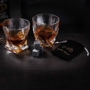 Gmark Twist Design Whiskey Glasses 10oz Set of 2, with 4 Granite Chilling Whisky Rocks Scotch Glasses Old Fashioned Whiskey Tumblers Gift Pack. Crystal Clarity Glassware for Scotch GM2027