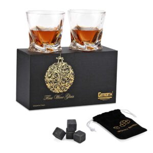 Gmark Twist Design Whiskey Glasses 10oz Set of 2, with 4 Granite Chilling Whisky Rocks Scotch Glasses Old Fashioned Whiskey Tumblers Gift Pack. Crystal Clarity Glassware for Scotch GM2027