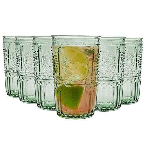 Bormioli Rocco Romantic Set Of 6 Cooler Glasses, 16 Oz. Colored Crystal Glass, Pastel Green, Made In Italy.