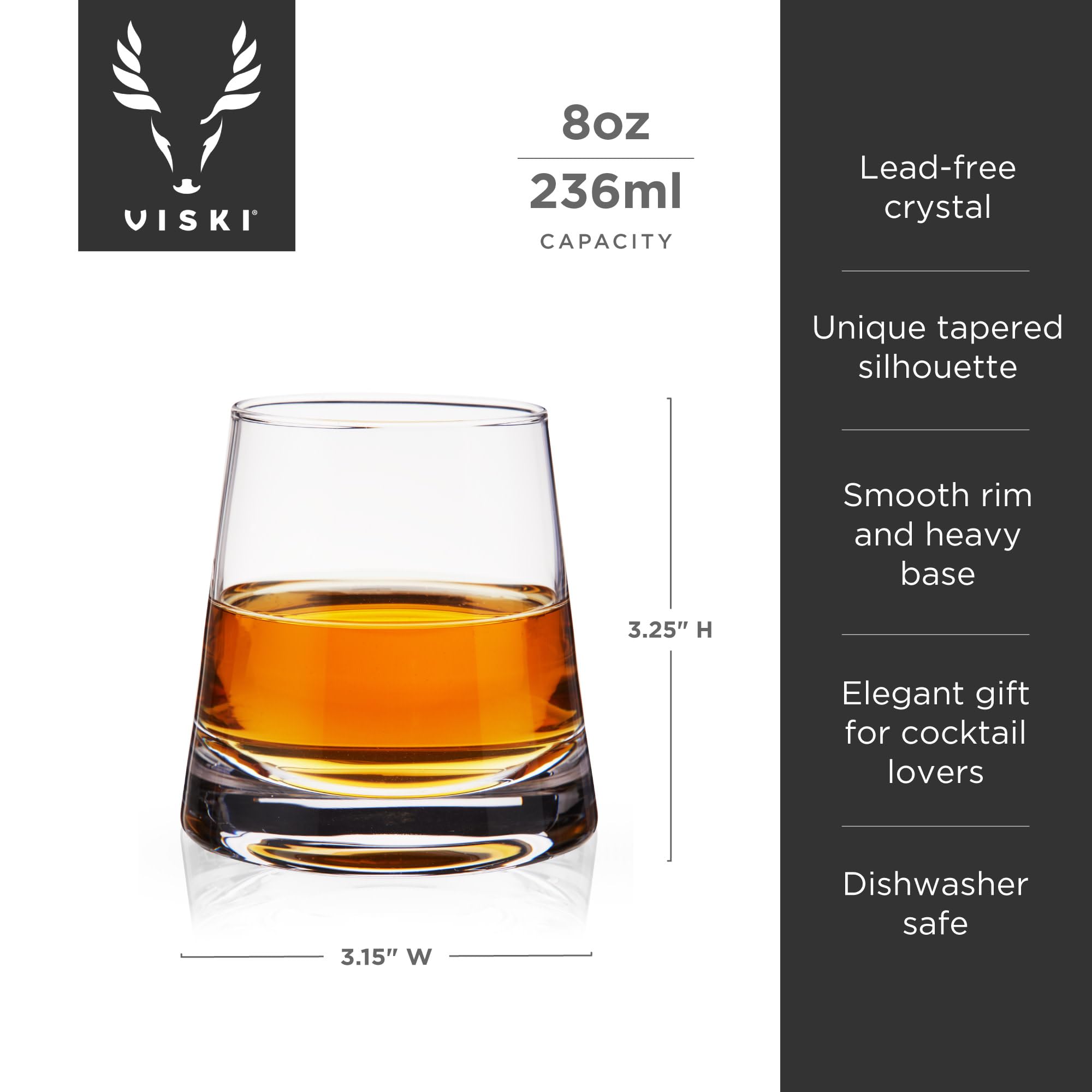 Viski Burke Whiskey Glasses with Pyramid Design, Rocks Glass, Crystal Angled Tumblers for Scotch and Cocktails, Clear, 8 Oz, Set of 2