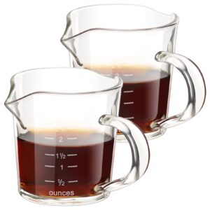 2 pack 3oz heat resistant glass espresso measuring glass espresso shot glass triple pitcher barista double spouts with pouring handle barista measuring cup double shot glass (glass handle)