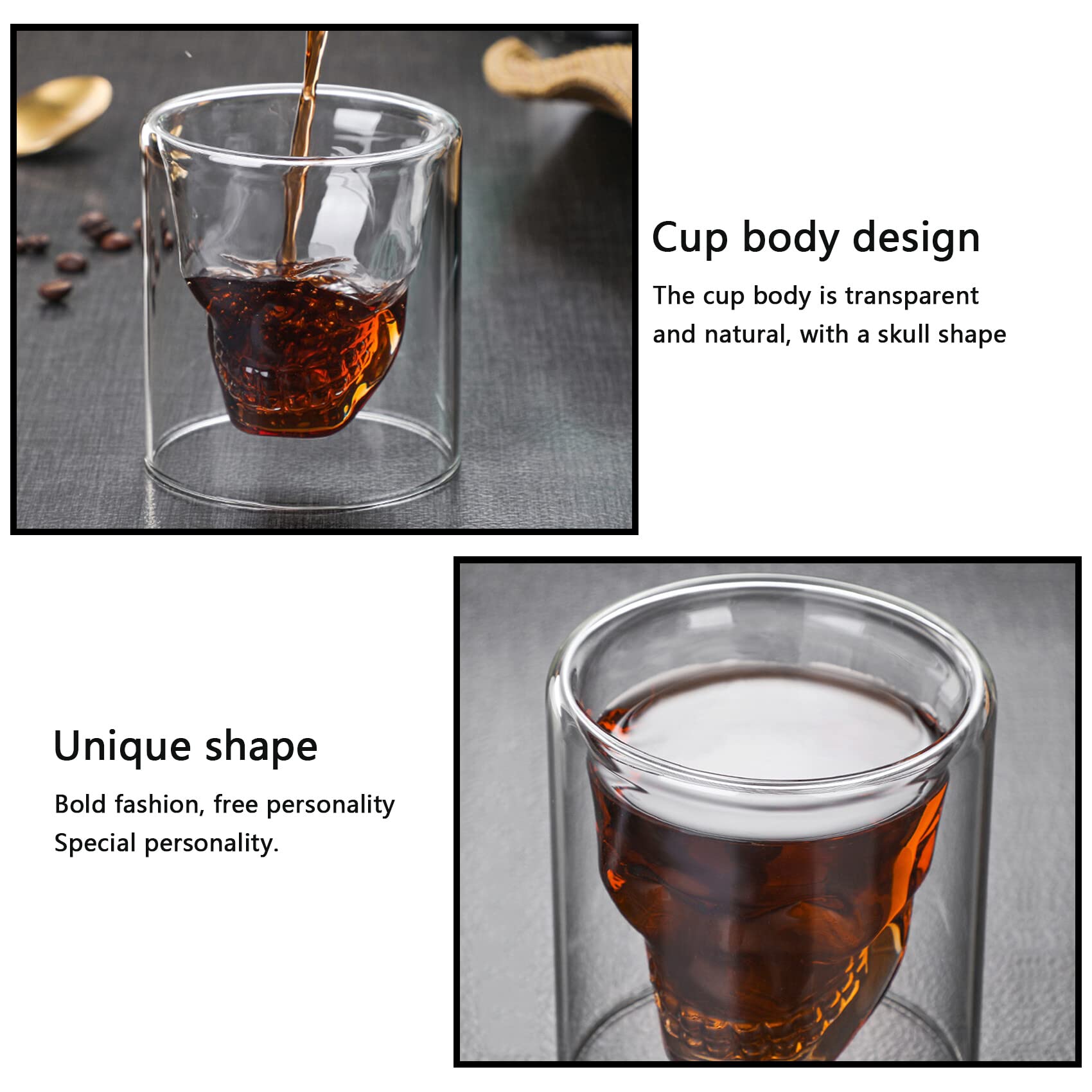 DSYJ Skull Face Shot Glasses Heavy Base Crystal Cups Set of 4, Party Home and Entertainment Dining Beverage Drinking Glassware for Whiskey Brandy Liquor Bar Decor Jello 75 ML/2.64oz Clear