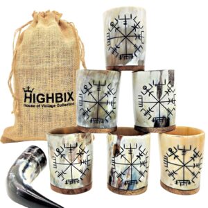 HIGHBIX Royal Vikings Drinking Horn Shot Cup Set of 6 Wooden Base Genuine Handcrafted 5oz Vikings Cup (White Snow)