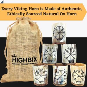 HIGHBIX Royal Vikings Drinking Horn Shot Cup Set of 6 Wooden Base Genuine Handcrafted 5oz Vikings Cup (White Snow)