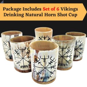 HIGHBIX Royal Vikings Drinking Horn Shot Cup Set of 6 Wooden Base Genuine Handcrafted 5oz Vikings Cup (White Snow)