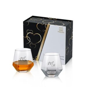 Mascoto Mr and Mrs Whiskey Glass Gift Set, Best Gift for wedding, Engagement, Anniversary, Couples, His and Hers, Bride and Groom, Valentines and Christmas Gifts - Set of 2, 10 oz