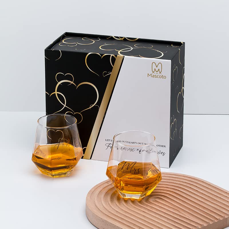 Mascoto Mr and Mrs Whiskey Glass Gift Set, Best Gift for wedding, Engagement, Anniversary, Couples, His and Hers, Bride and Groom, Valentines and Christmas Gifts - Set of 2, 10 oz