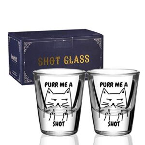 shot glasses set of 2, funny drinking gifts for cat lovers, men, women, heavy base shot glass for birthday/christmas, purr me a shot, 1.5 oz, onebttl