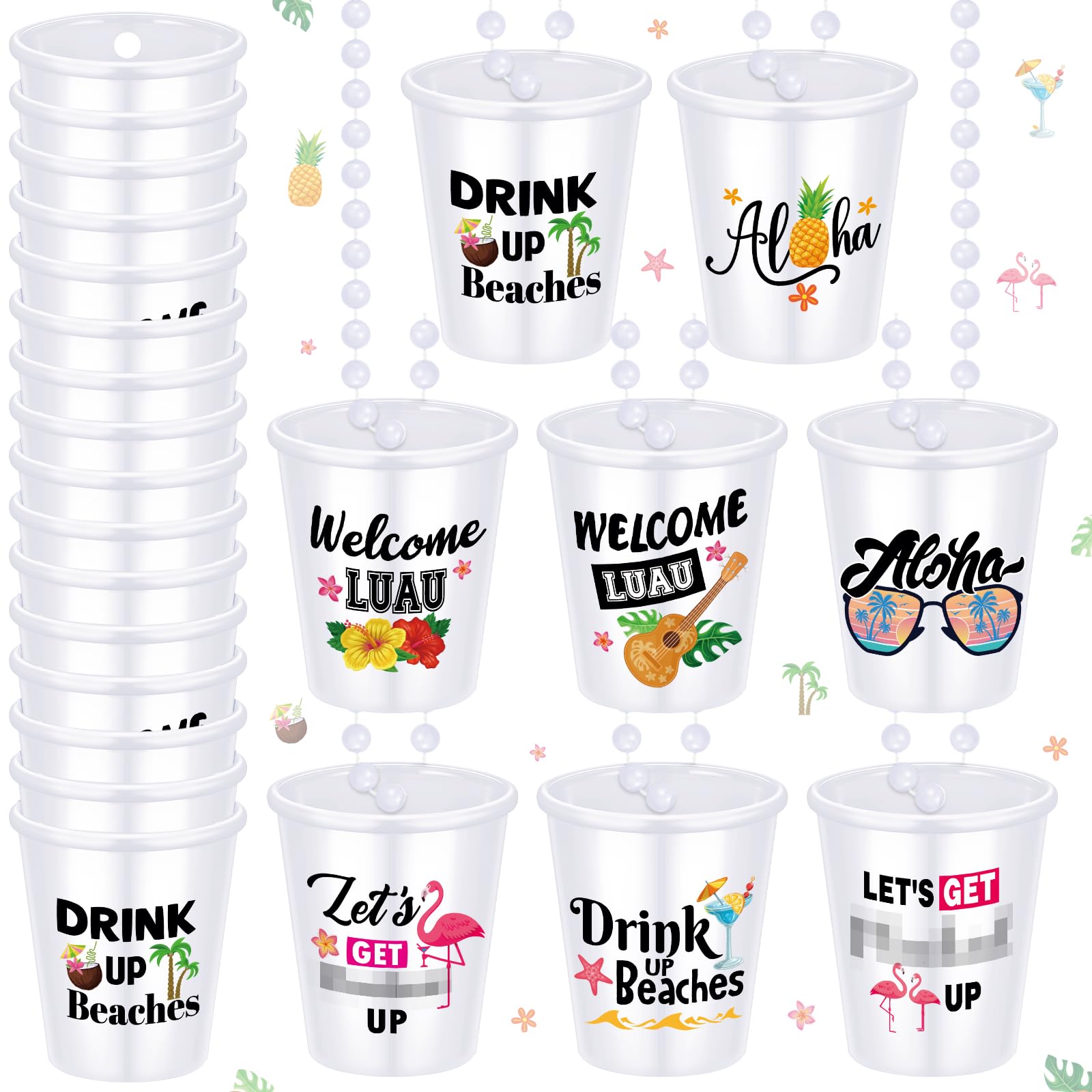 Ecally 24 Pcs Hawaiian Luau Party Shot Glasses Bead Necklace Summer Necklace Cups Funny Tropical Flamingo Plastic Shot Glass Necklace for Adults Summer Beach Hawaiian Supplies