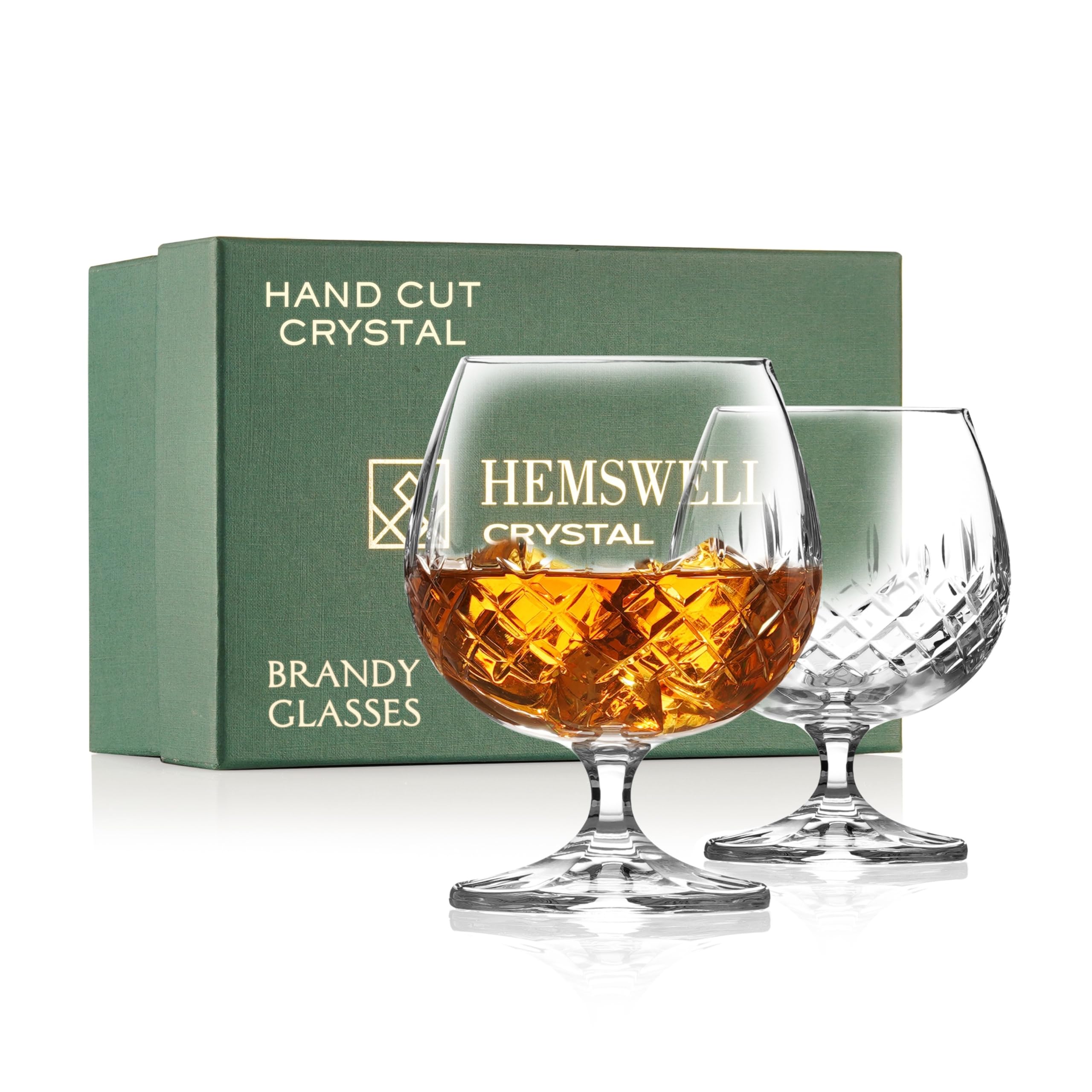 Hemswell Crystal Brandy Snifter Glasses Set of 2 - Small Cut Glass Brandy Goblets for Scotch or Whiskey - Elegant Cognac Glasses - European Crystal 8.5oz - Wicklow Design