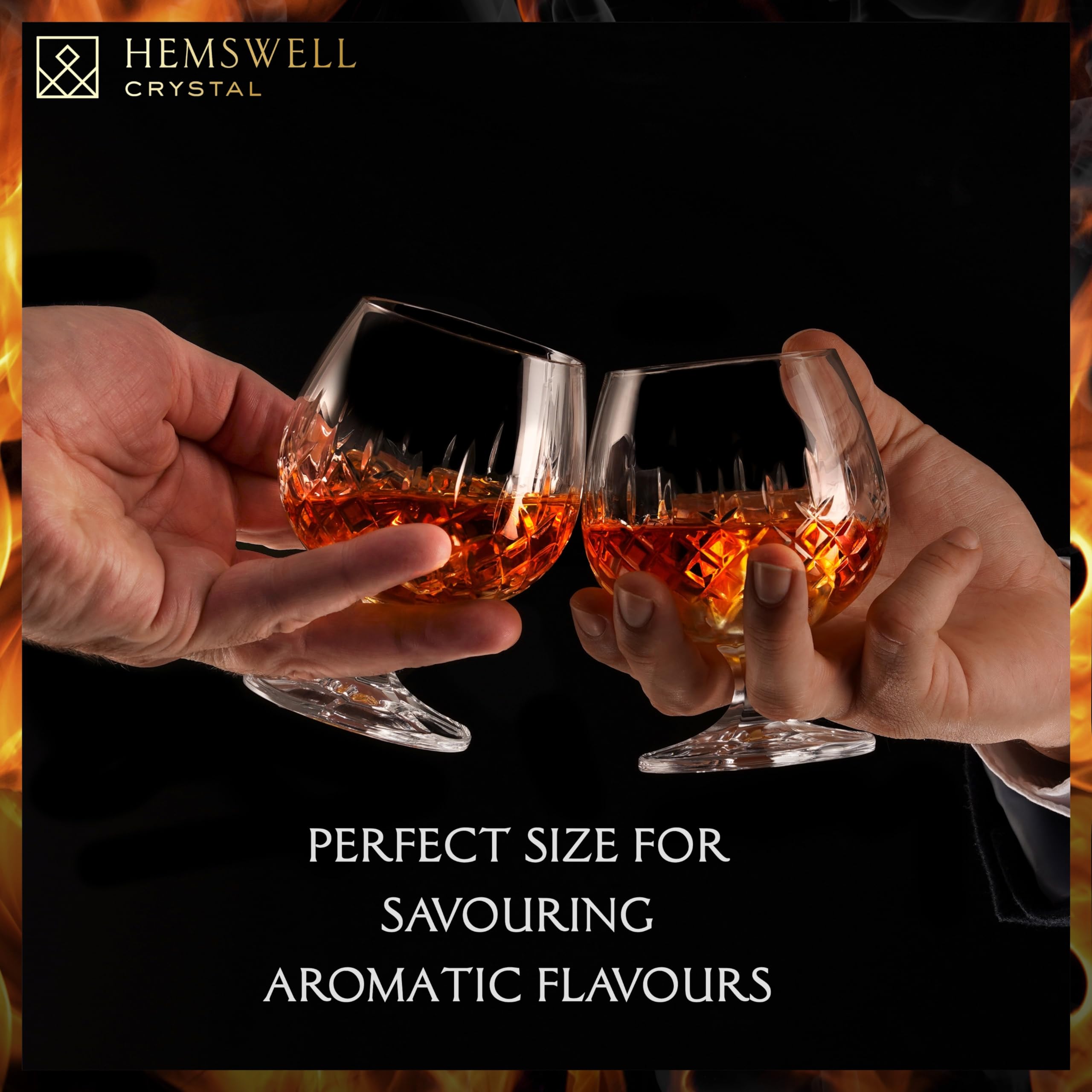 Hemswell Crystal Brandy Snifter Glasses Set of 2 - Small Cut Glass Brandy Goblets for Scotch or Whiskey - Elegant Cognac Glasses - European Crystal 8.5oz - Wicklow Design