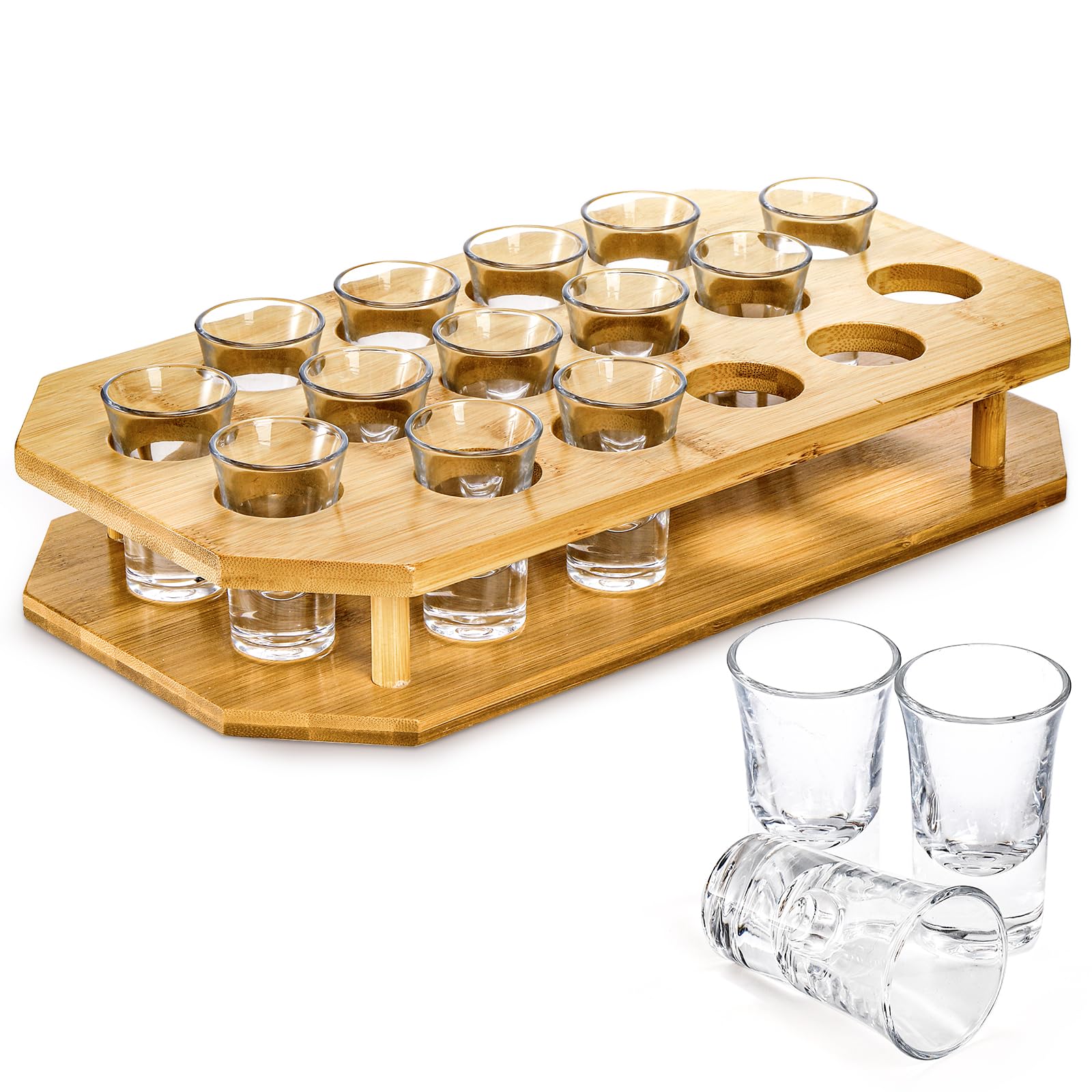 SOUJOY 16 Shot Glass Server Tray, 1 oz Shot Glass Set with Bamboo Tray, Party Serving Holder for Bar, Pub, Party, Club Drinking