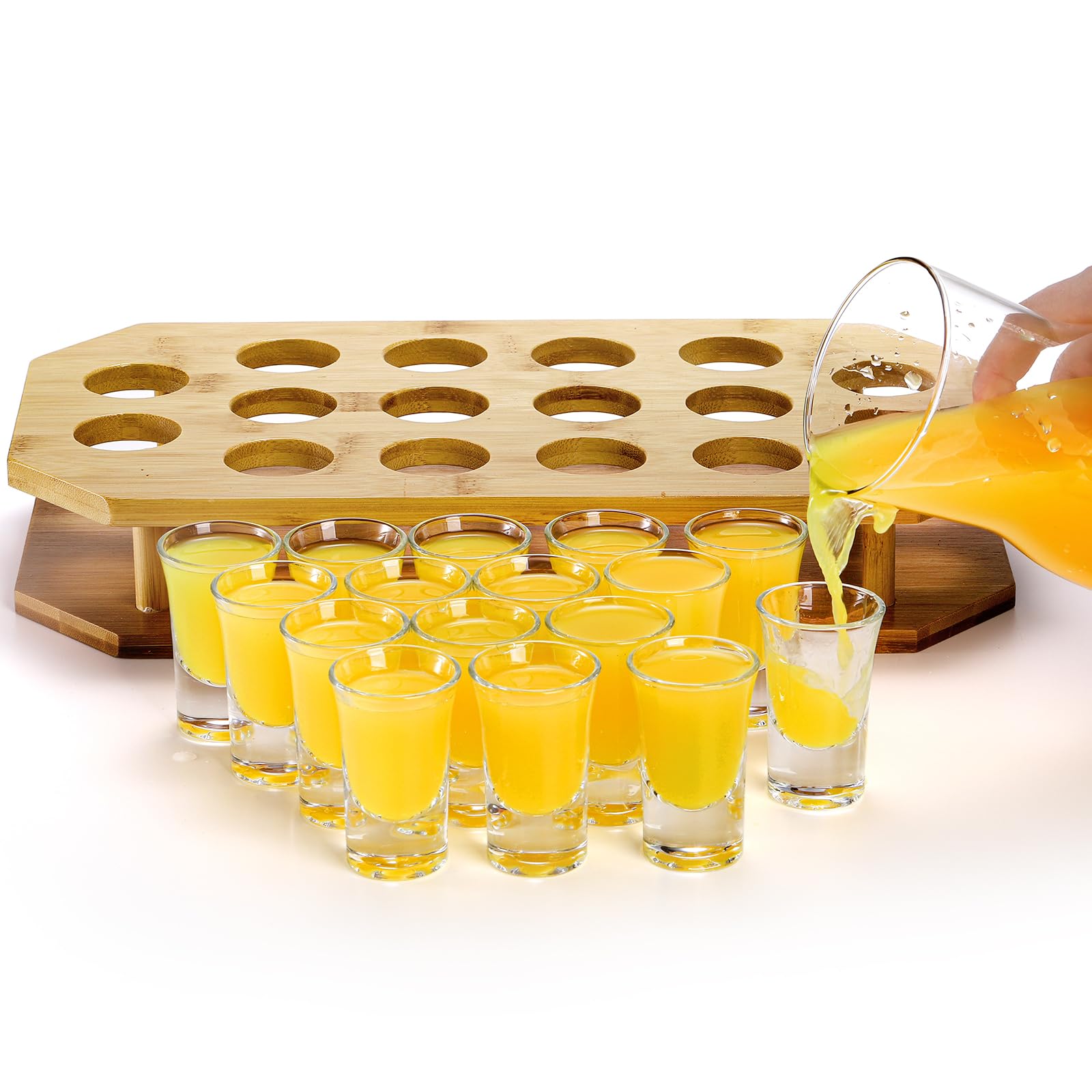 SOUJOY 16 Shot Glass Server Tray, 1 oz Shot Glass Set with Bamboo Tray, Party Serving Holder for Bar, Pub, Party, Club Drinking