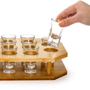 SOUJOY 16 Shot Glass Server Tray, 1 oz Shot Glass Set with Bamboo Tray, Party Serving Holder for Bar, Pub, Party, Club Drinking