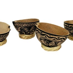 The Curated Pantry Mezcal Jicaras (Small, Shot Glass Size)- Holds 2-3 Ounces -Hand-carved from Mexico with Natural Fiber Base (Black, 4)