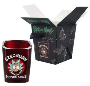 rick and morty szechuan dipping sauce shot glass - novelty collectible drinking glasses - perfect for birthdays, holidays, house warming parties, 2 fluid ounces