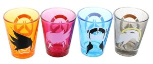 overwatch character shot glass 4-pack, color: tracer, d.va, mercy, and symmetra