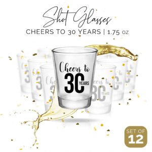 Cheers to 30 Years, 30th Birthday Party Shot Glasses Set of 12, 1.75oz 30th Birthday Glass Shot Glasses with Black Dirty Thirty Print, Perfect for Birthday Parties, Birthday Decorations