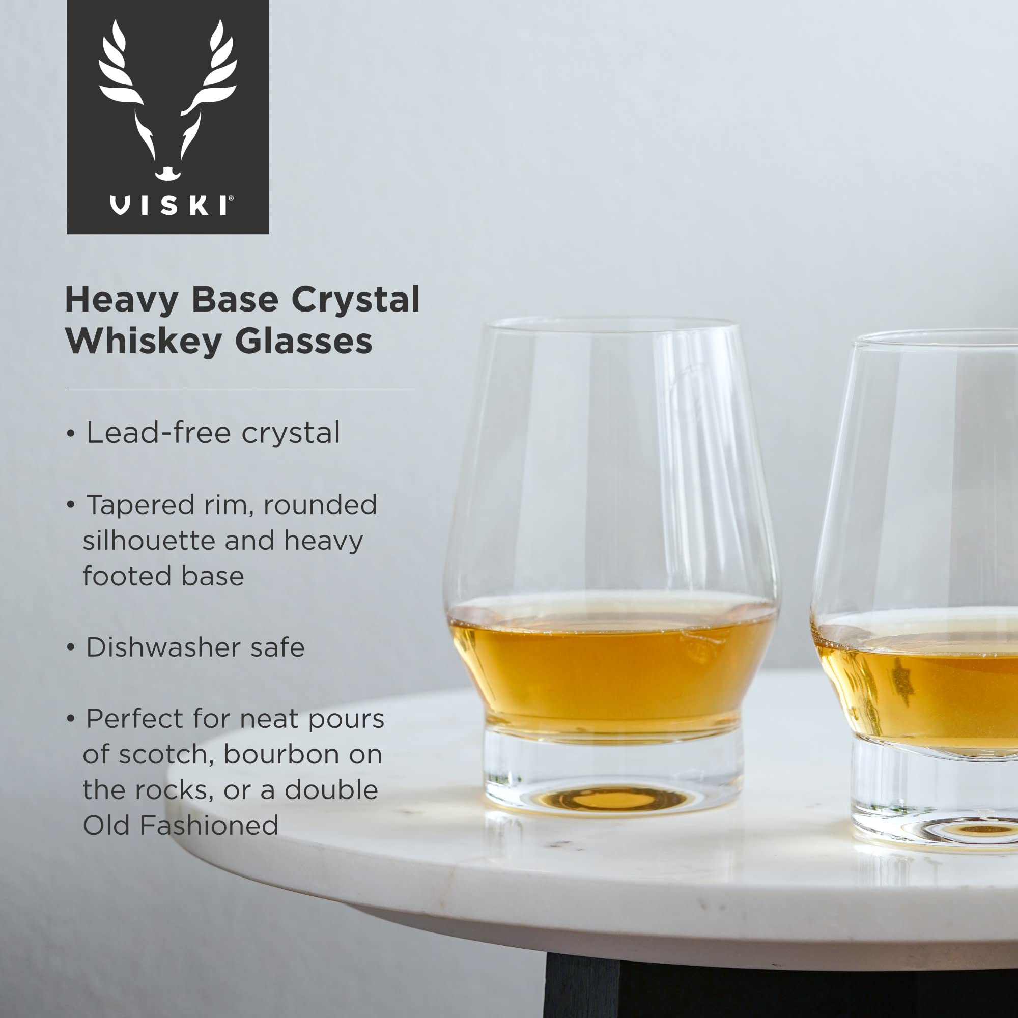 Viski Whiskey Glasses with Heavy Footed Base - Crystal Tumblers for Scotch, Bourbon, Cocktails - 18.5 Oz Set of 2