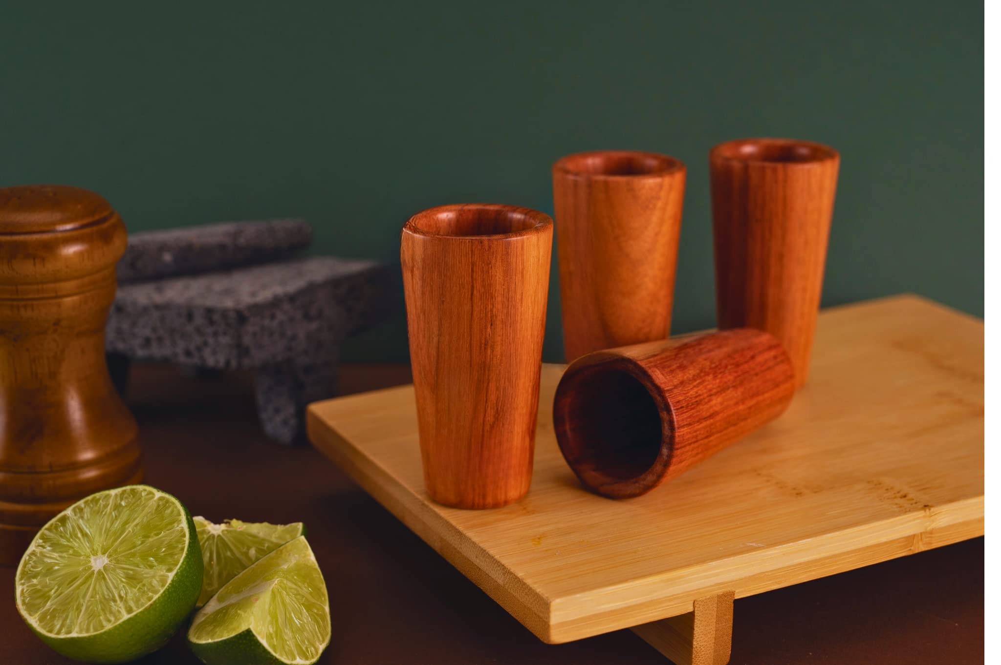 MEXTEQUIL - Wooden Tequila Shot Glasses - Set of 4 - Authentic Mexican Tequila Shot Glasses - Artisanal - handmade - 1.5 oz - Granadillo Wood - Eco-Friendly