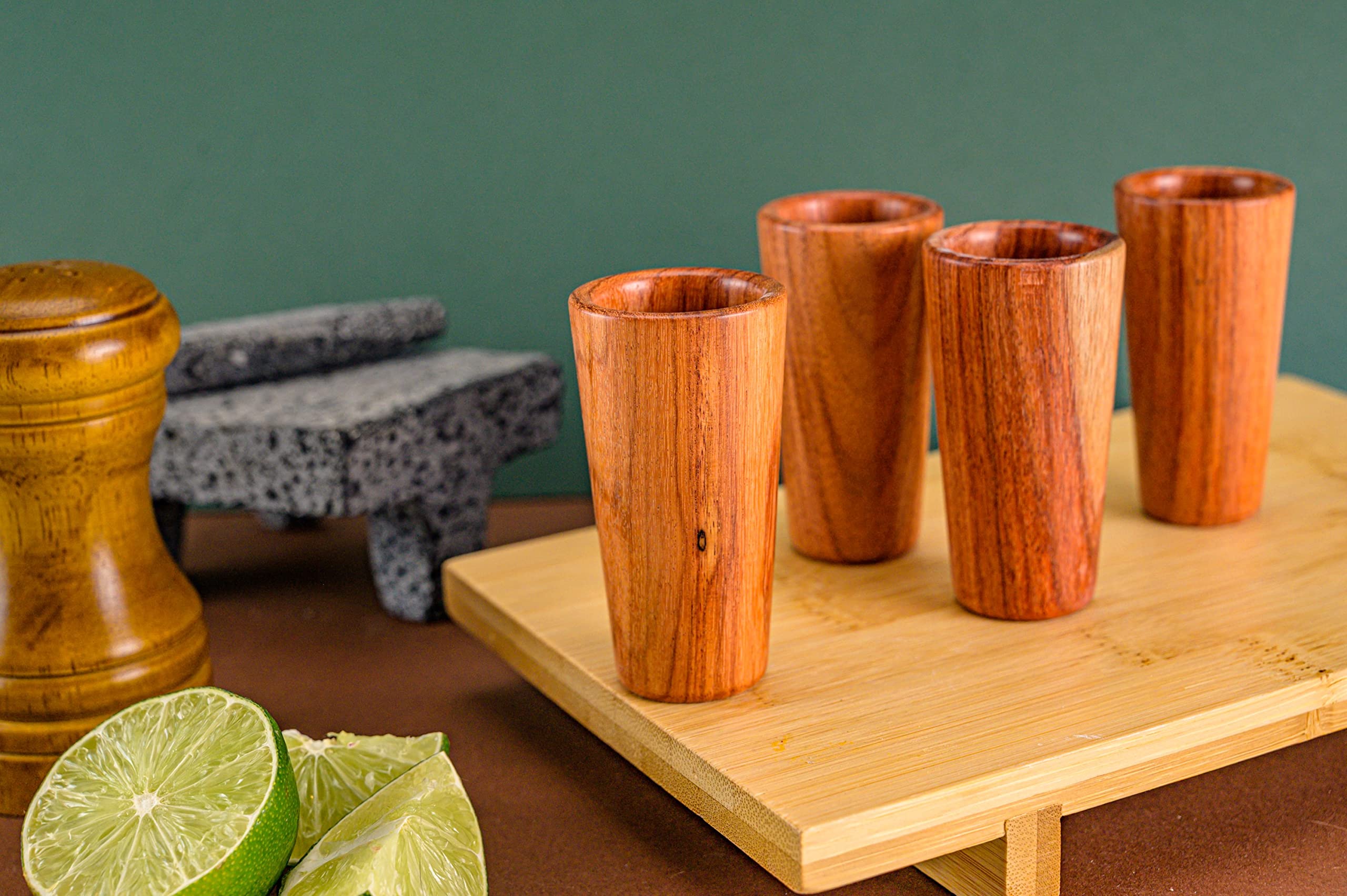 MEXTEQUIL - Wooden Tequila Shot Glasses - Set of 4 - Authentic Mexican Tequila Shot Glasses - Artisanal - handmade - 1.5 oz - Granadillo Wood - Eco-Friendly